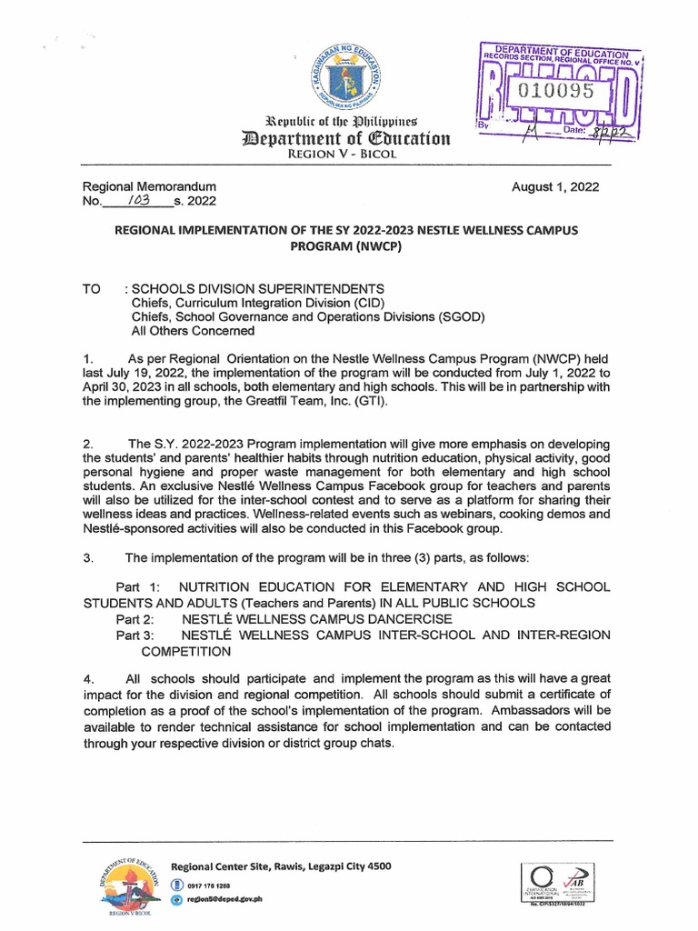 RM 103 S 2022 Regional Implementation of The SY 2022 2023 Nestle ...