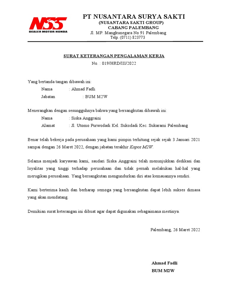 Contoh Surat Pengalaman Kerja | PDF