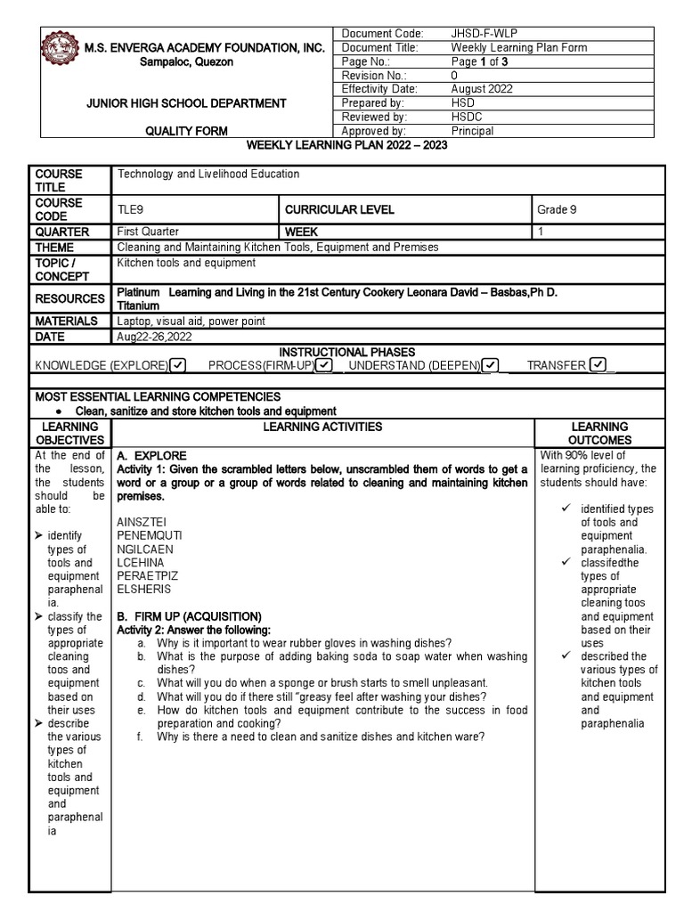 Weekly Learning Plan Tle 9 Grade 9 Edit | PDF | Foods | Learning