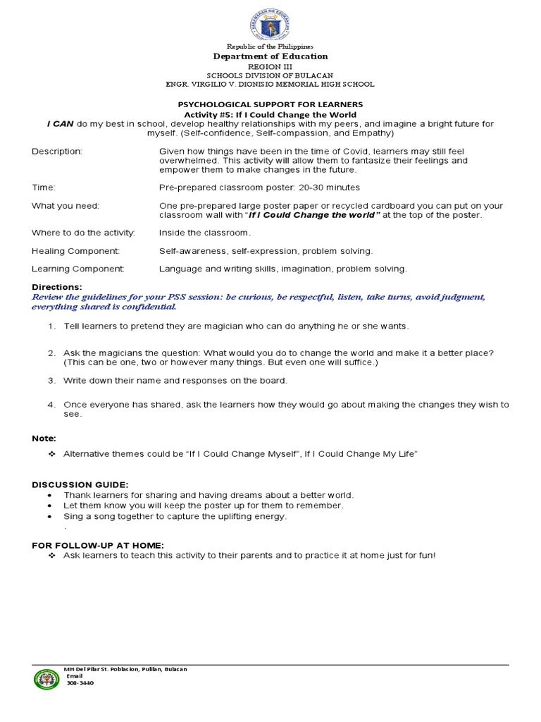 PSS For Learners Activity6 If I Could Change The World | PDF | Learning ...