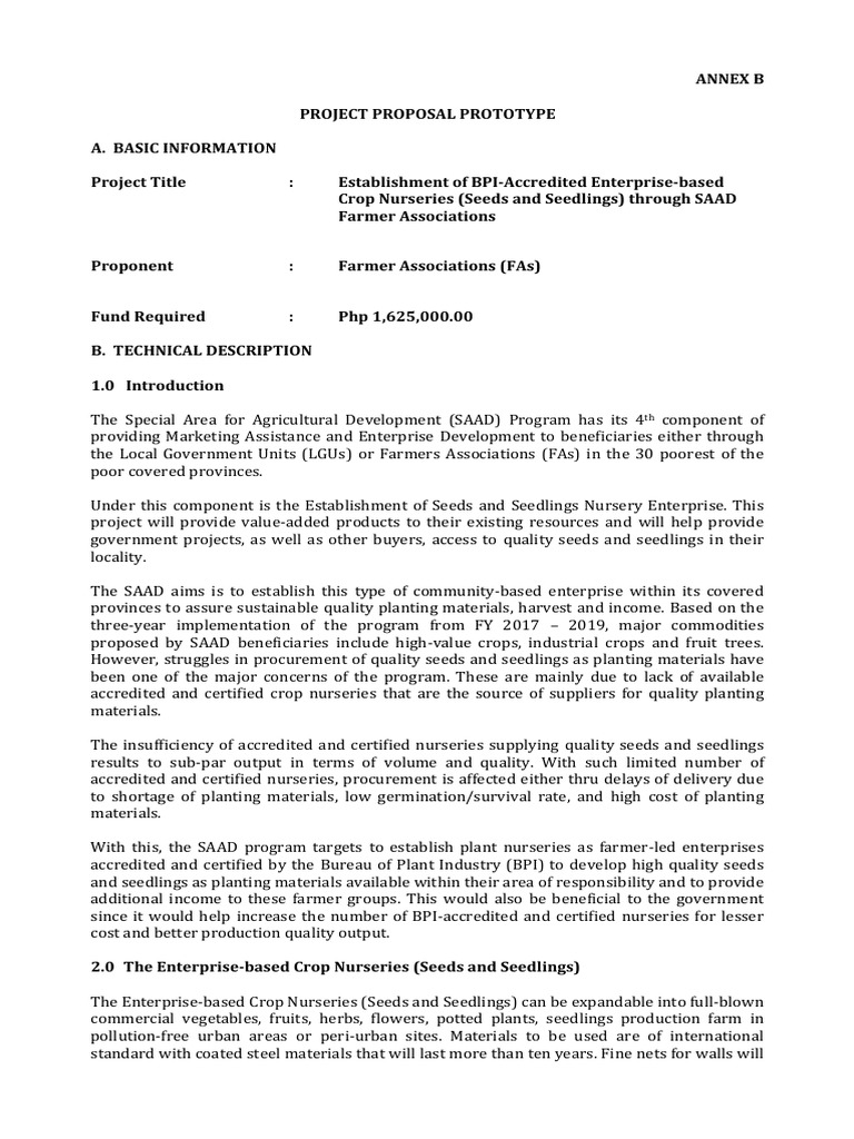 Annex A - Sample Enterprise Based Crop Nursery Proposal | PDF | Agriculture | Plant Nursery