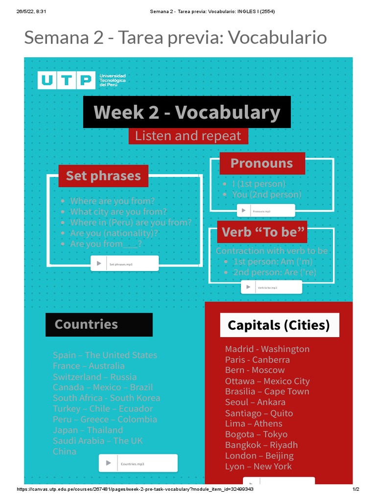 Semana 2 - Tarea Previa - Vocabulario - INGLES I (2554) | PDF | Ecuador | Languages