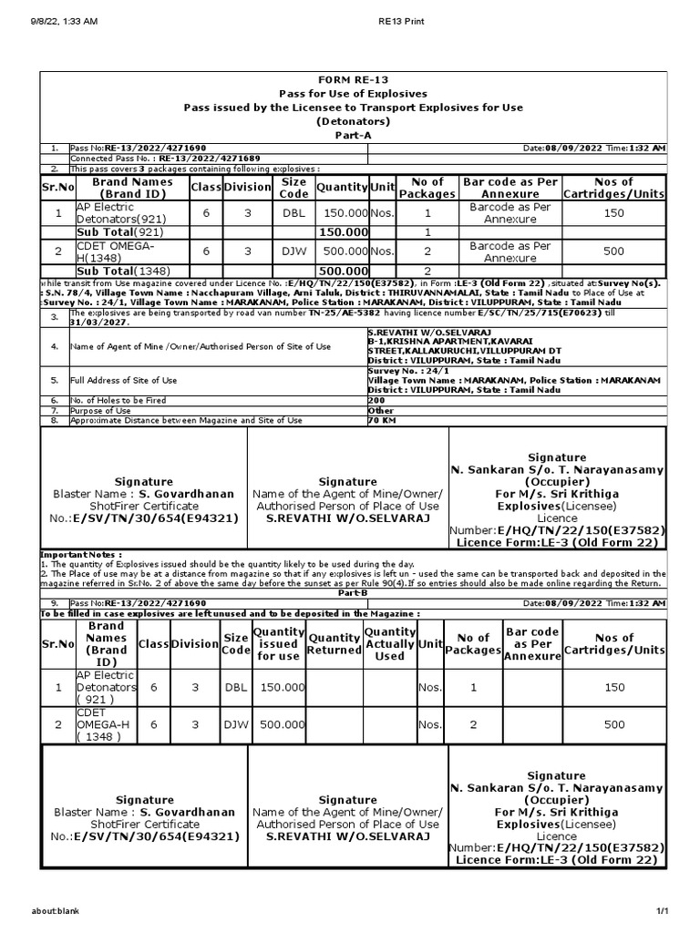 Form Re-13 Pass For Use of Explosives Pass Issued by The Licensee To ...