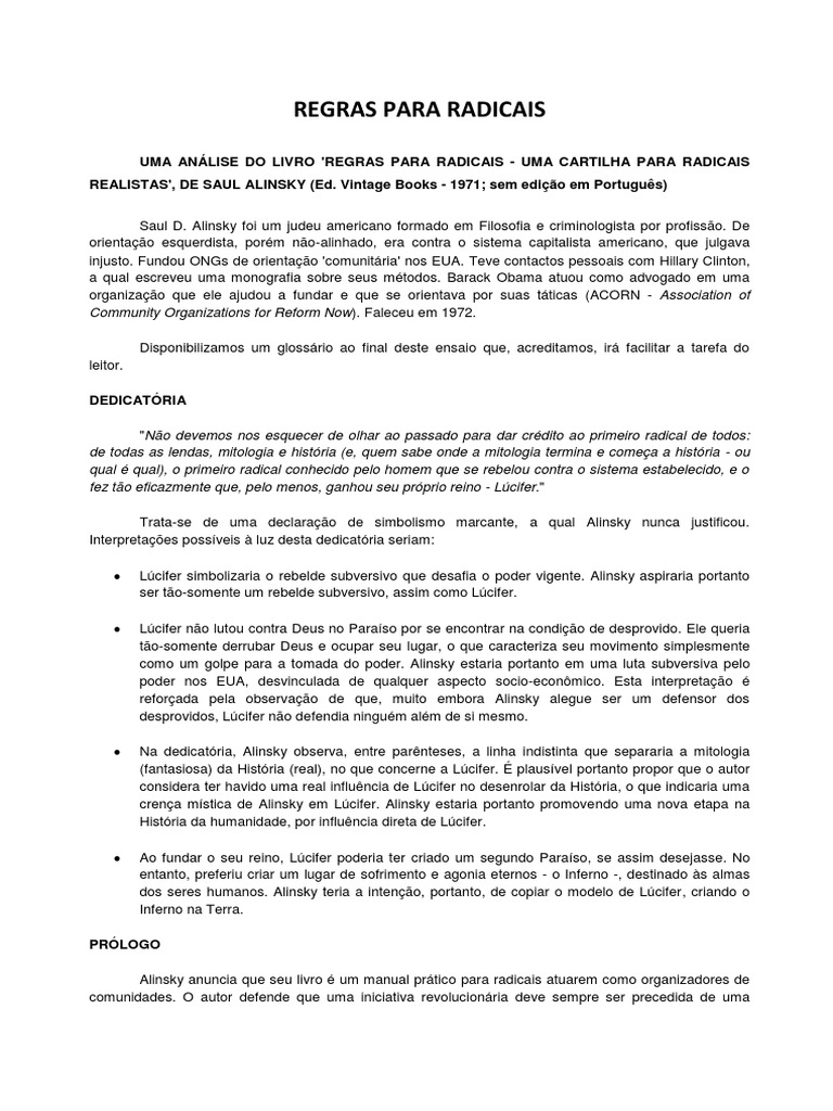 REGRAS PARA RADICAIS Saul Alinsky | PDF | Poder (social e político ...