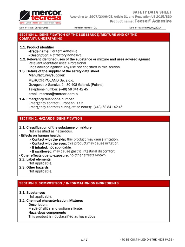 SAFETY DATA SHEET TECSEL ADHESIVE - Rev 01 | PDF | Dangerous Goods ...