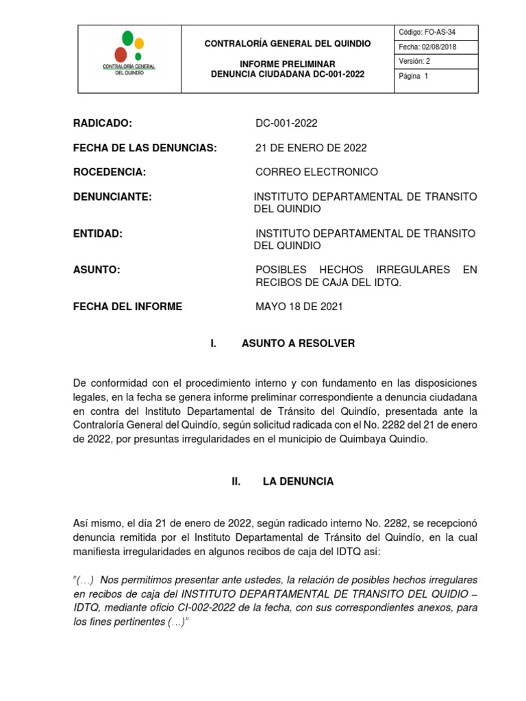 FO-AS-34 Informe Preliminar DC 001-2022 | PDF