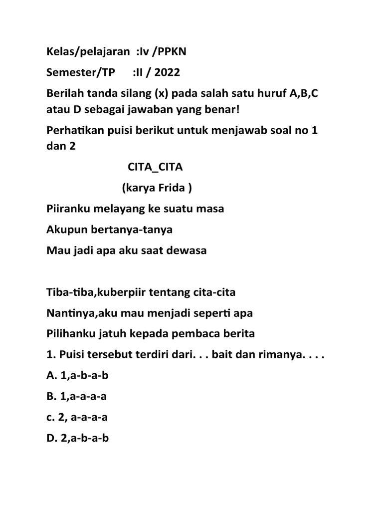 Soal PPKN Kelas IV: Puisi dan Wawancara | PDF