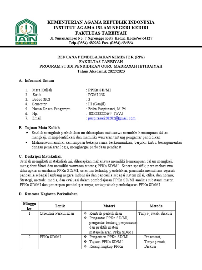 RPS PPKN SD MI Ganjil. 22-23 | PDF | Karier & Perkembangan