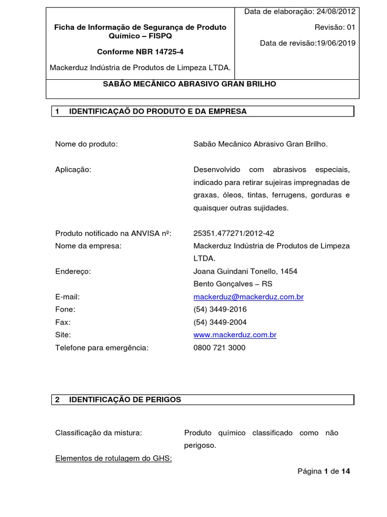 Ficha de Informação de Segurança de Produto (FISPQ) para Sabão Mecânico ...