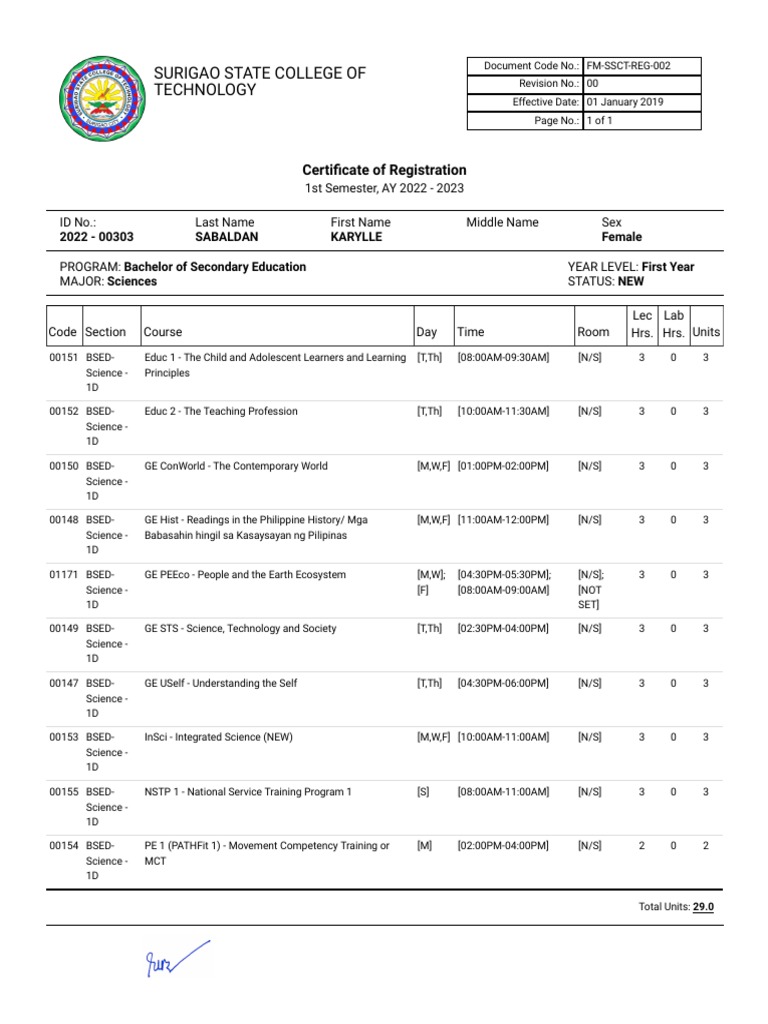 SNSU Surigao City Course Registration | PDF | Science