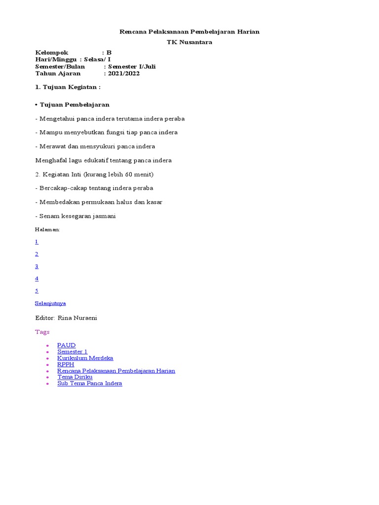 RPPH TK Tema Panca Indera Juli | PDF | Kajian Bahasa Asing | Kesehatan ...