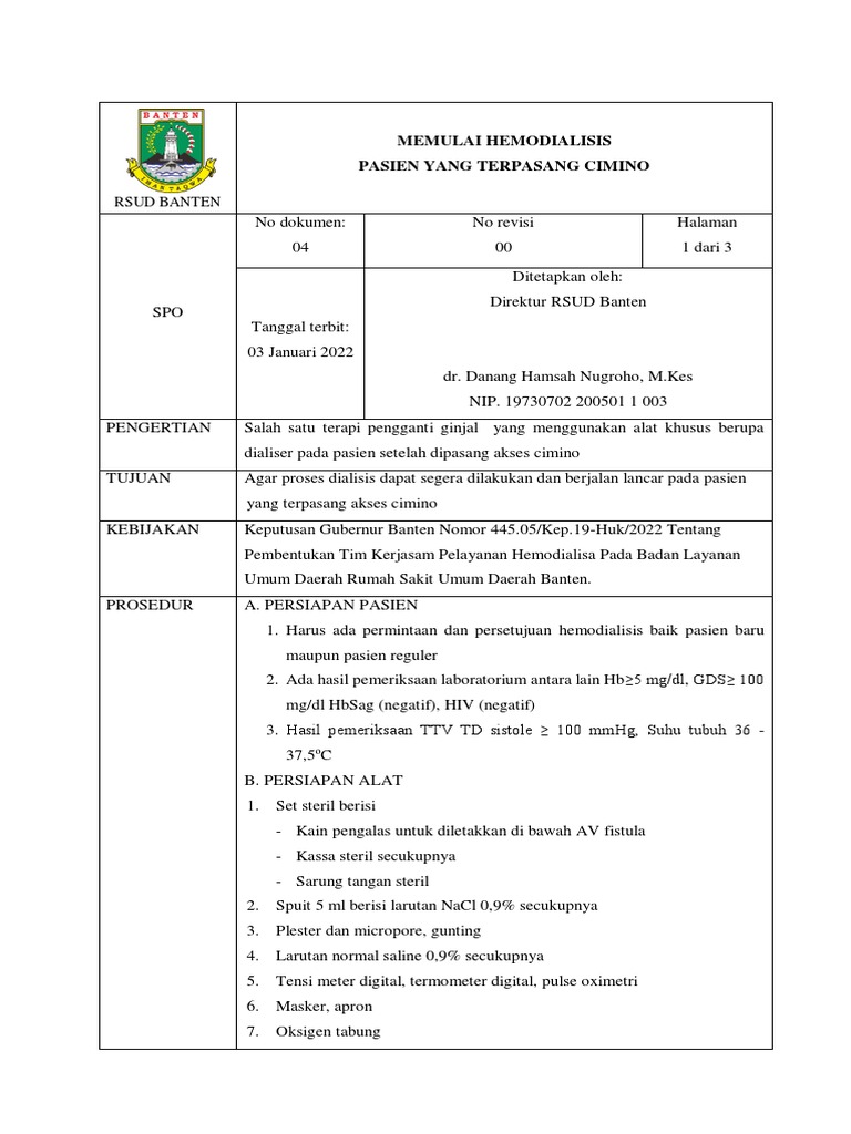 4 - Sop Memulai HD Pasien Yang Terpasang Cimino Perbaikan | PDF