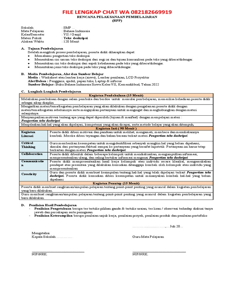 RPP 1 Lembar Teks Deskripsi | PDF