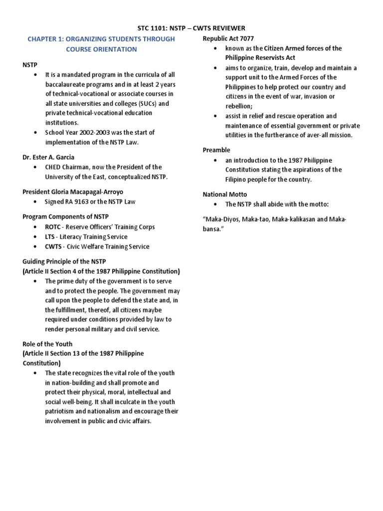 NSTP - CWTS Chapters 1-6 Reviewer | PDF | Emergency Management | Due Process Clause