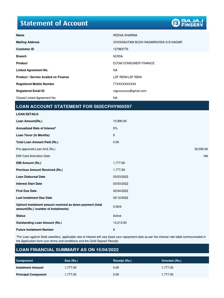 Statement of Account - 15!45!10 | PDF | Loans | Fee