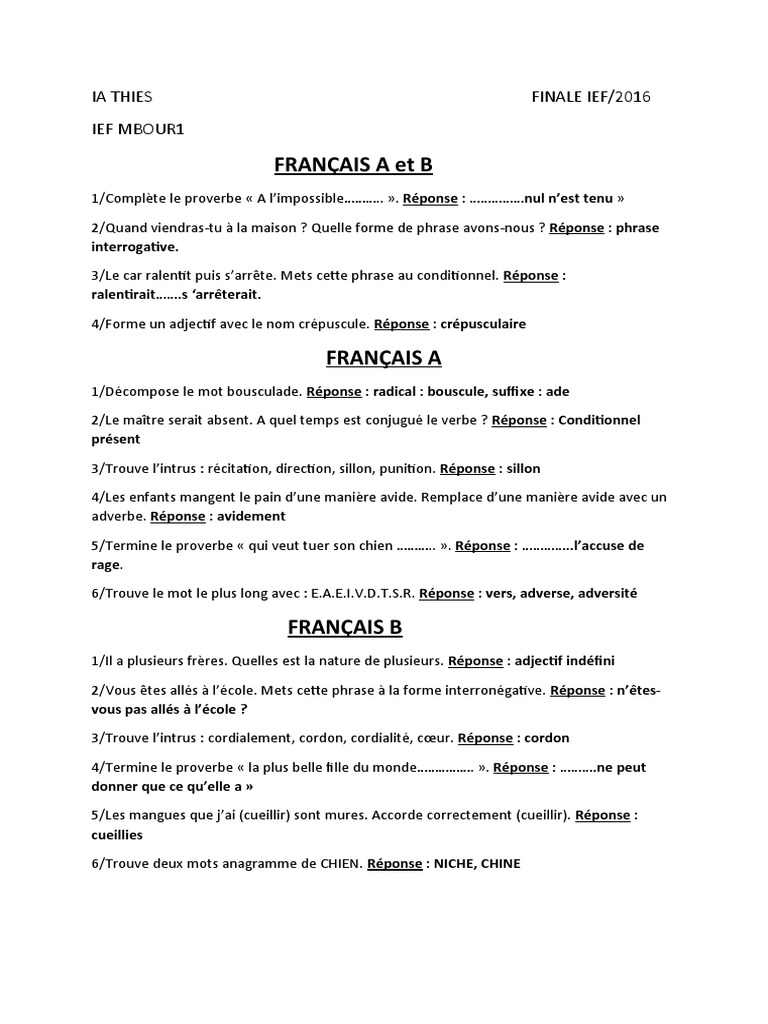 Questions de Français et Mathématiques | PDF | Arts du langage et ...