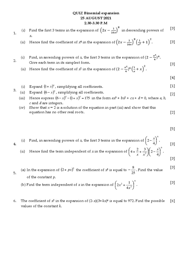 Quiz Binomial Expansion | PDF | Equations | Mathematics