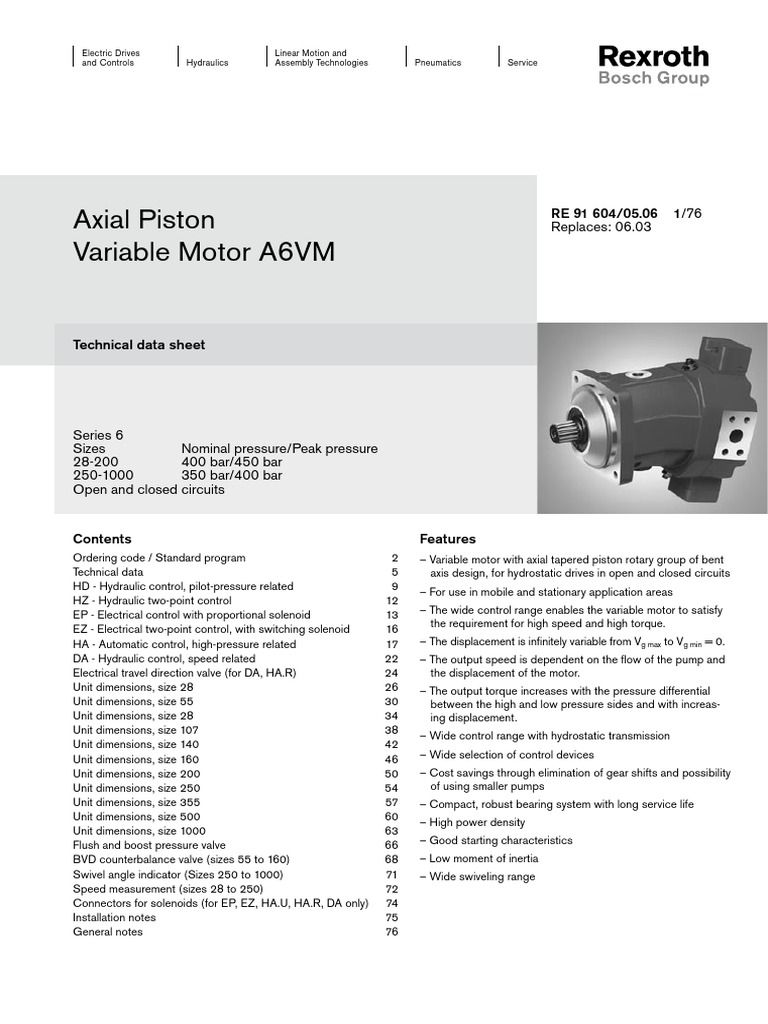 Axial Piston Variable Motor A6VM: RE 91 604/05.06 1/76 Replaces: 06.03 | PDF | Mechanical ...