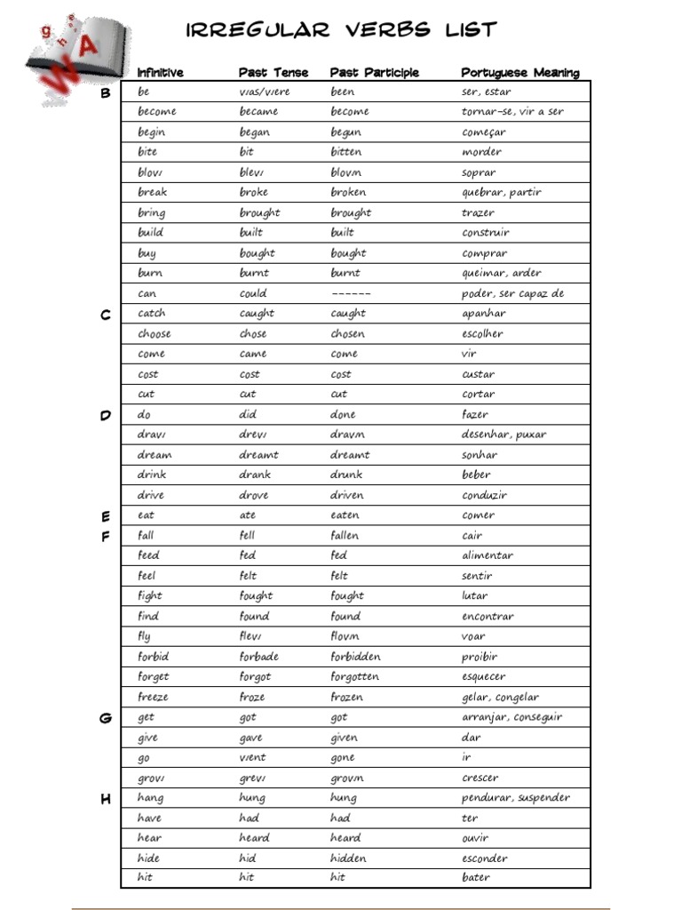 Irregular Verbs List (Portuguese Translation) | PDF | Syntax | Morphology