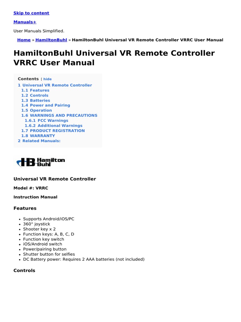 Hamiltonbuhl Universal VR Remote Controller VRRC Manual | PDF | Ios ...