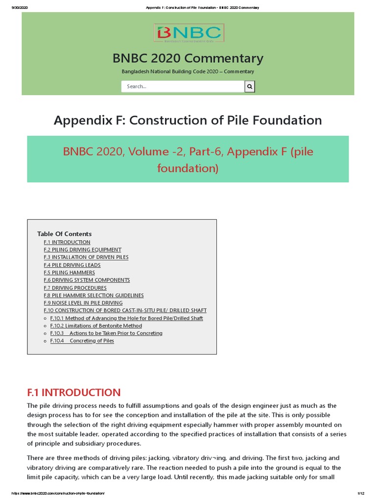 Appendix F - Construction of Pile Foundation - BNBC 2020 Commentary | PDF | Deep Foundation | Hammer