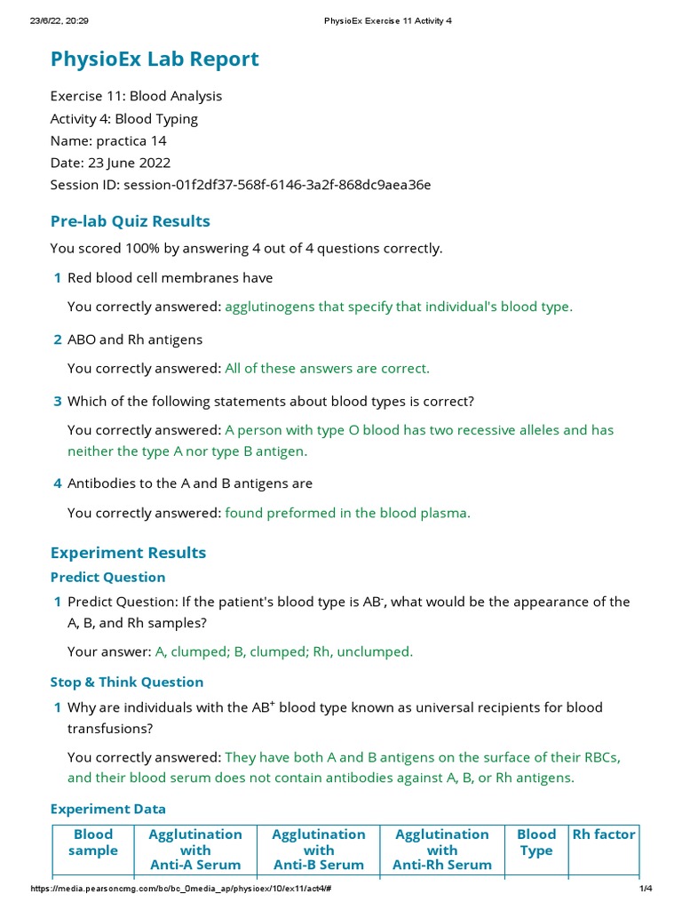 PhysioEx Exercise 11 Activity 4 - MD3N3 | PDF | Blood Type | Clinical ...