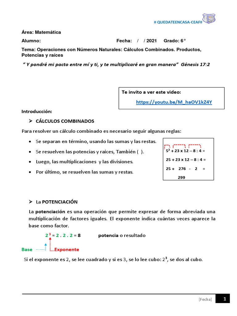 06-09 Cal Comb, Pot y Raices 6° ABCD | PDF | Exponenciación | Multiplicación