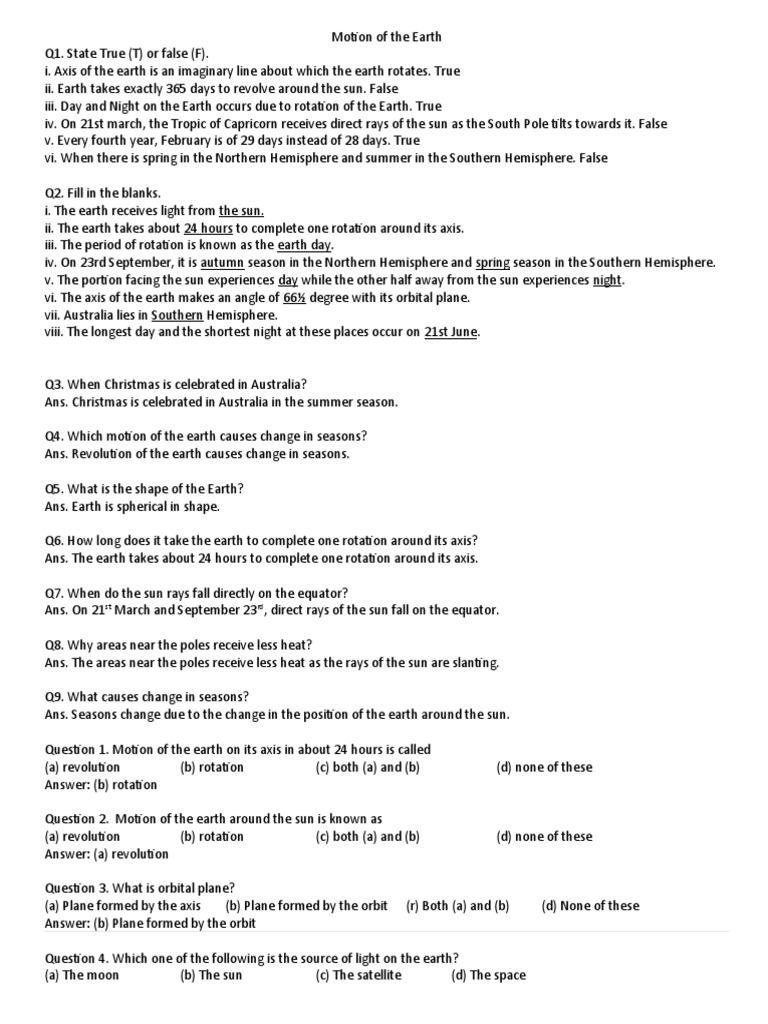 Motion of The Earth One Mark Question and Answers | PDF | Earth | Night