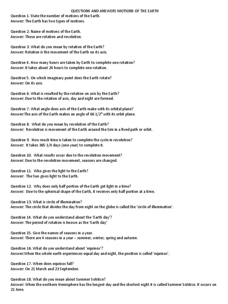 Earth Motions: Q&A for Students | PDF | Earth | Night