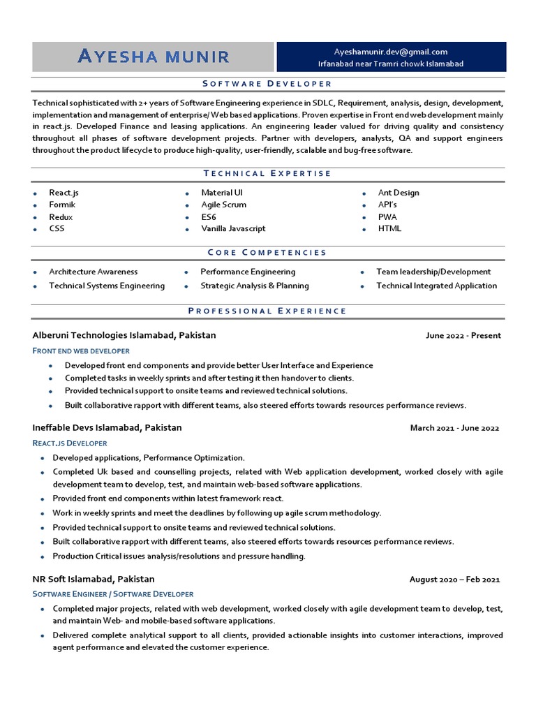 Resume of Ayeshamunir.dev highlighting technical skills and experience ...