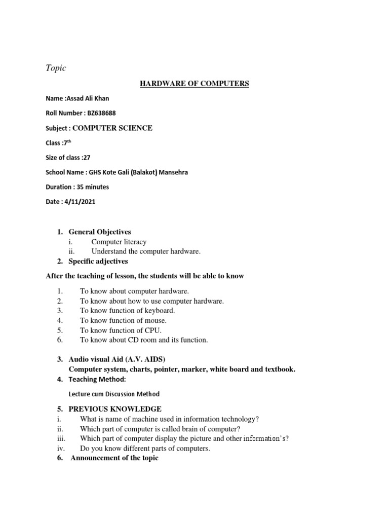 Assad Ali Khan Final Lesson Plan | Download Free PDF | Computer Hardware | Teaching Method