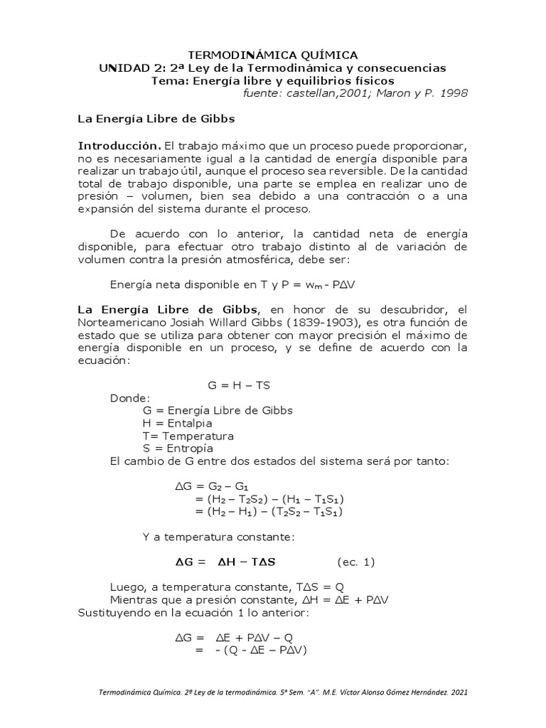 Apuntes E. Libre y Eq. Fís. Sust. Puras 2021B | PDF | Energía libre de ...
