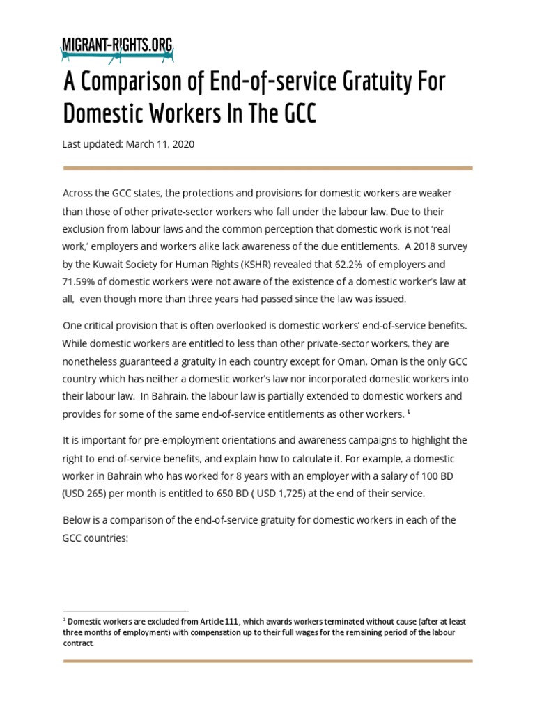 A Comparison of End of Service Gratuity For Domestic Workers in The GCC ...