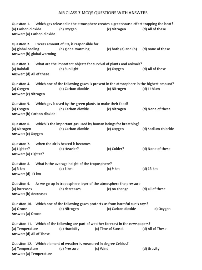 Air Class 7 MCQS Questions With Answers | PDF | Atmosphere Of Earth | Atmosphere