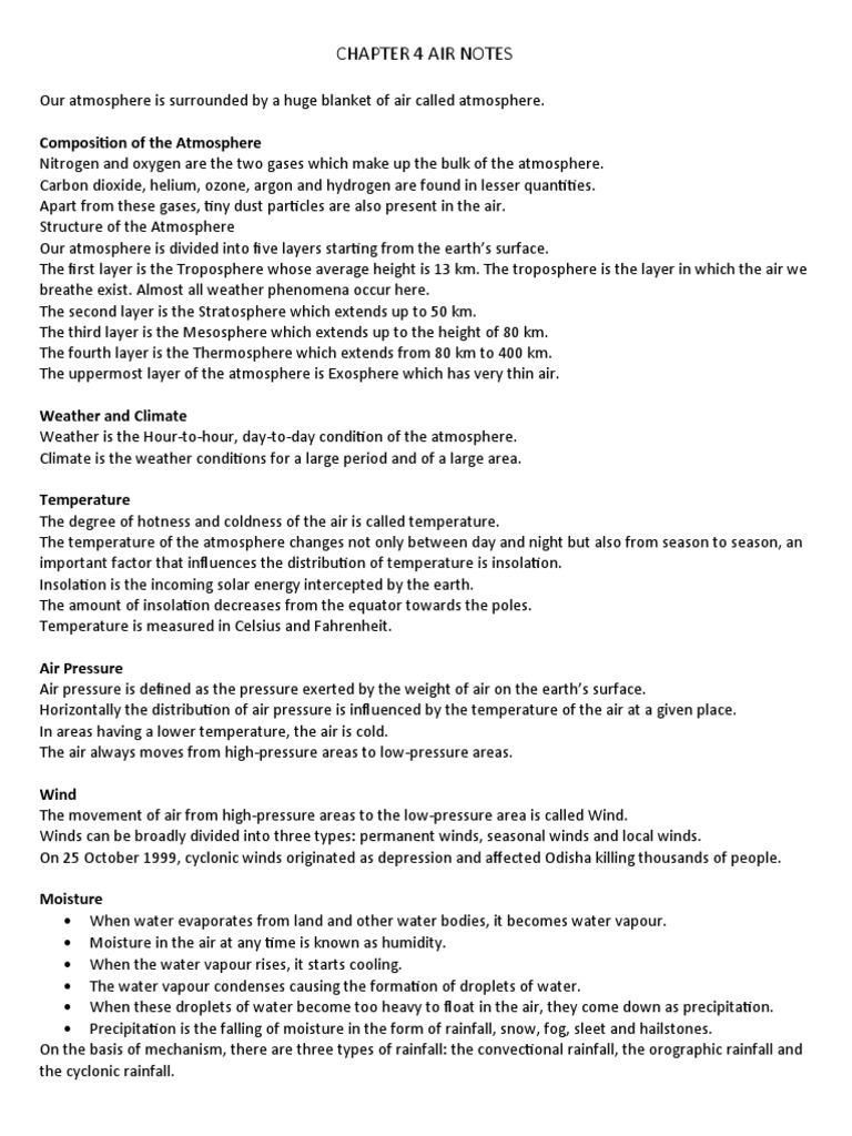 Chapter 4 Air Notes | PDF | Atmosphere Of Earth | Atmosphere