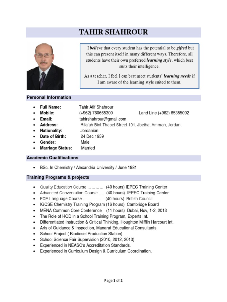 Tahir Shahrour CV | PDF | Education Theory | Teaching
