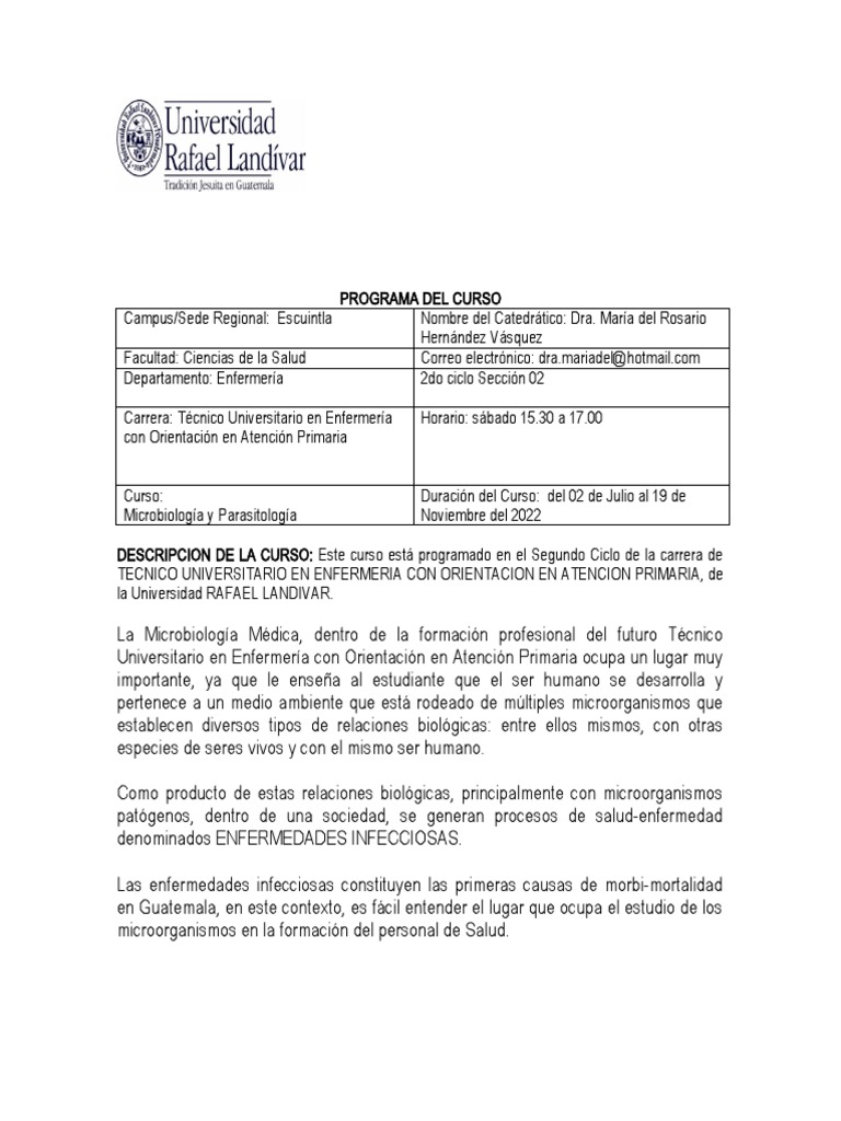 Programa Del Curso Microbiologia y Parasitologia | PDF | Prueba (evaluación) | Microbiología