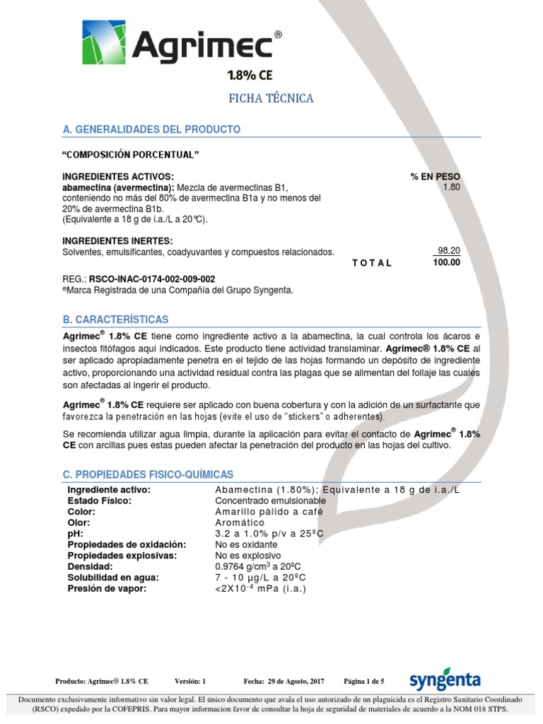 Ficha Técnica de Agrimec® 1.8% CE | PDF | Residuos | Pesticida