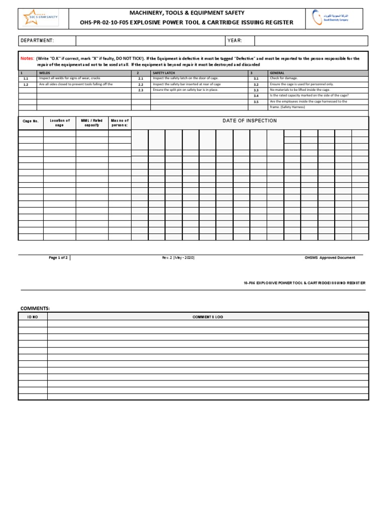 10-f05 Explosive Power Tool and Cartridge Issuing Register | PDF