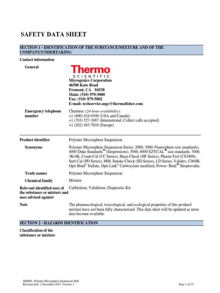 SDS001 Polymer Microsphere Suspension en | PDF | Toxicity | Dangerous Goods