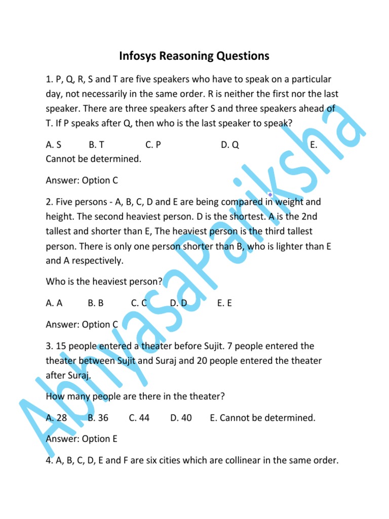 Infosys Reasoning Ability Practice Questions | PDF