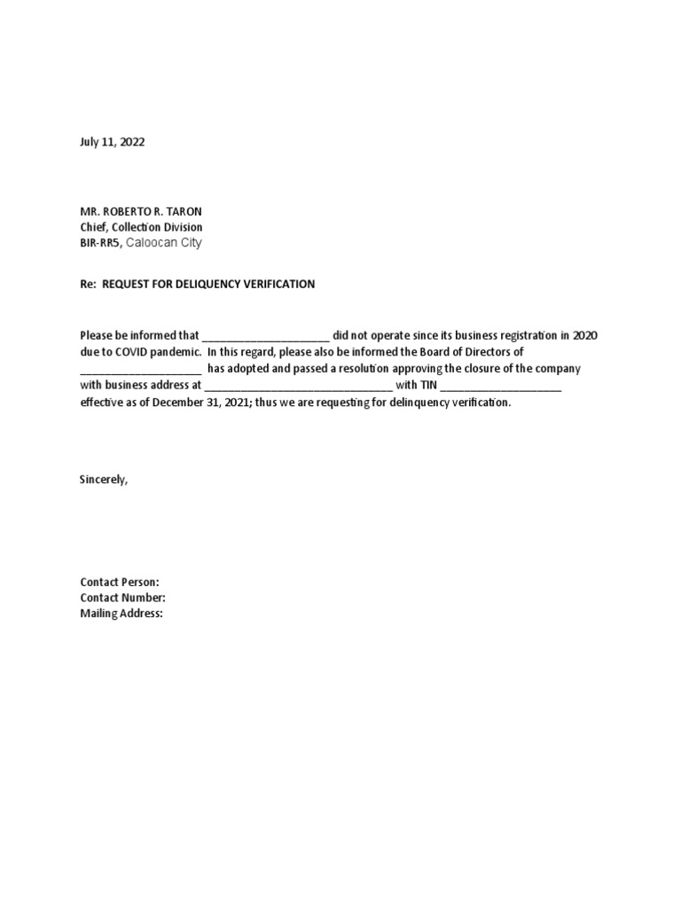 Delinquency Verification Request Letter | PDF | Finance & Money ...