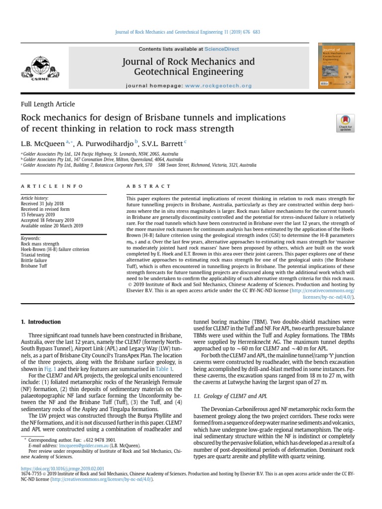 Brisbane Tunnel Rock Mass Strength Analysis | PDF | Strength Of ...