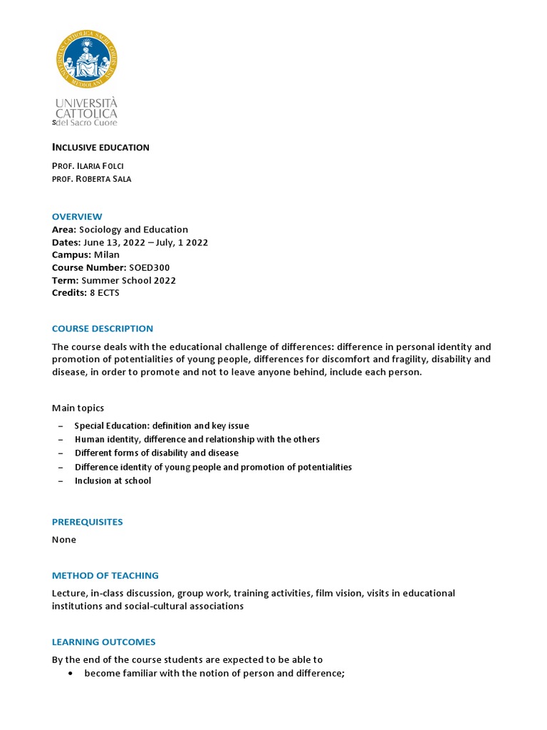 Inclusive Education Course Milan | PDF | Behavior | Inclusion (Education)