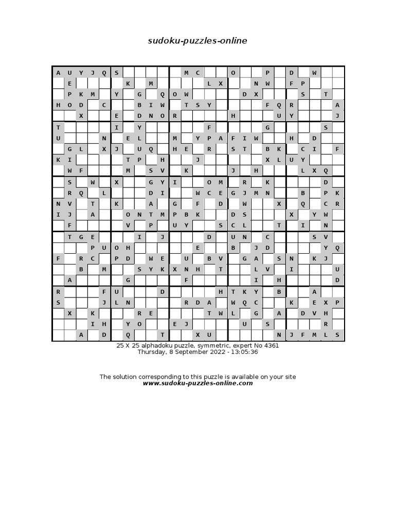 Alphadoku - 25x25 Sudoku Puzzle To Print - Symmetric, Level Expert, No 4361 | PDF ...