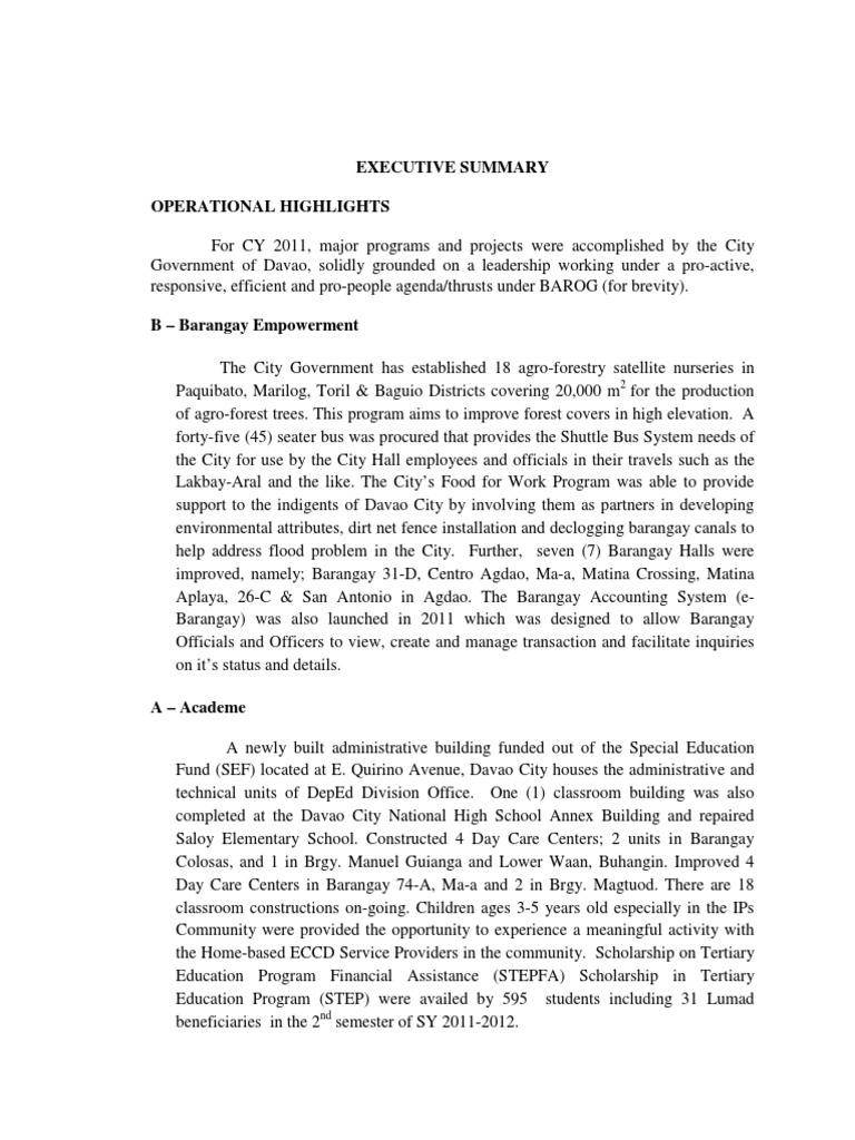 Davao City 2011 Operational Highlights Report | PDF | Financial Audit ...