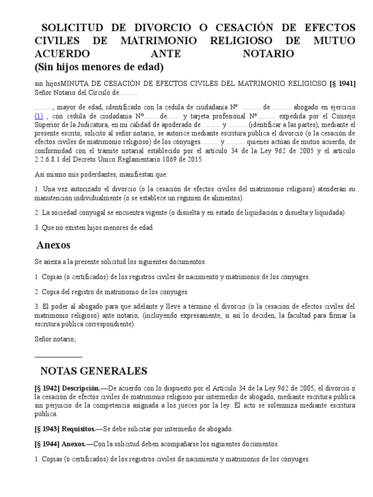 SOLICITUD DE DIVORCIO O CESACIÓN DE EFECTOS CIVILES DE MATRIMONIO RELIGIOSO DE MUTUO ACUERDO ...