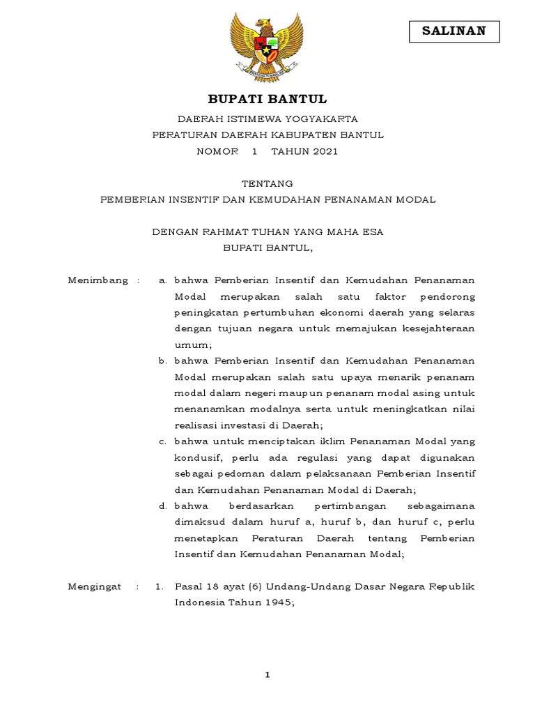 Perda Kab. Bantul No 1 Tahun 2021 TTG Pemberian Insentif Dan Kemudahan ...