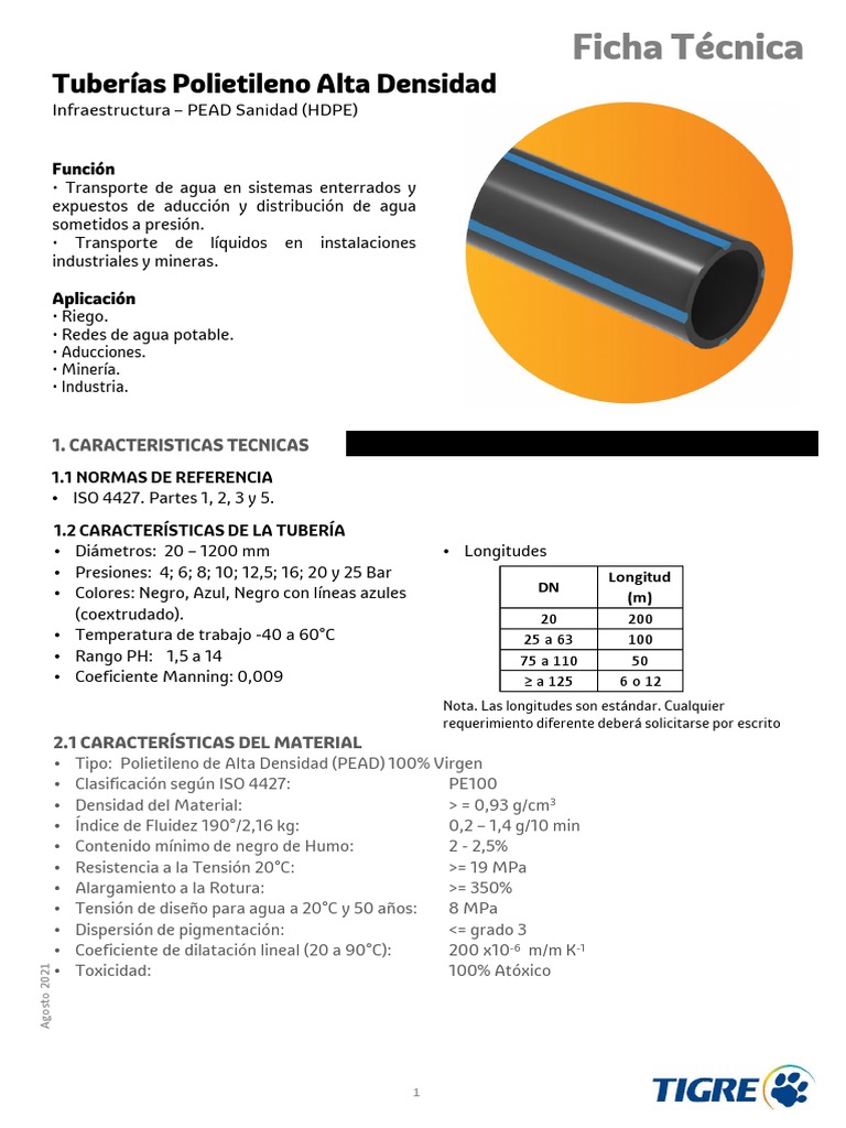 Ficha Tecnica Tuberias PEAD 08 2021 | PDF | Tubería (transporte de fluidos) | Cantidad