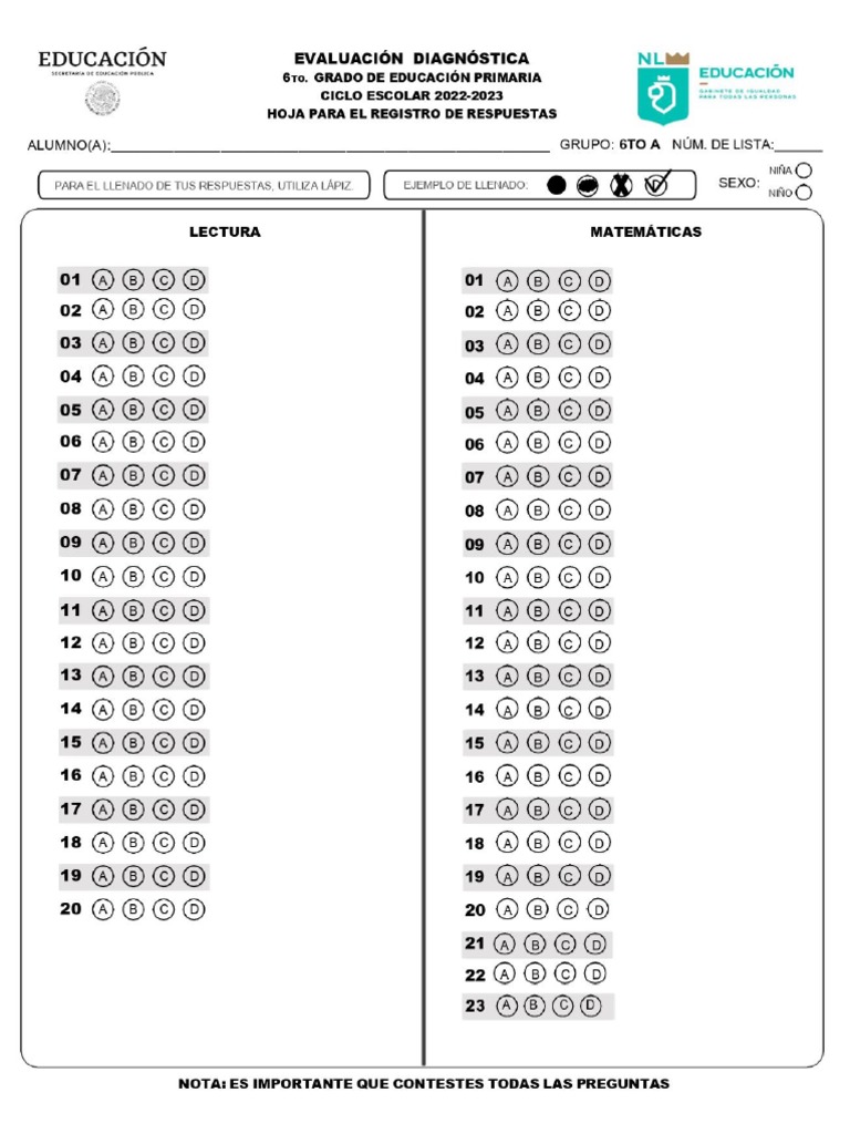 Portada y Hoja de Respuestas, Examen Diagnostico | PDF